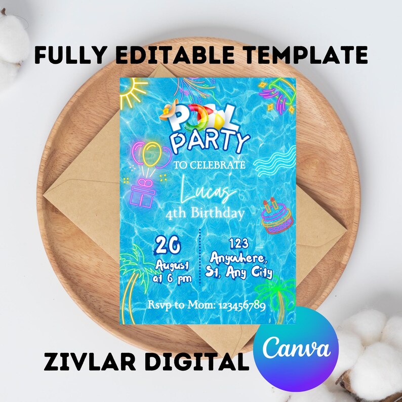 Editable Pool Party Invitation, Printable Summer Birthday Party Invite ...