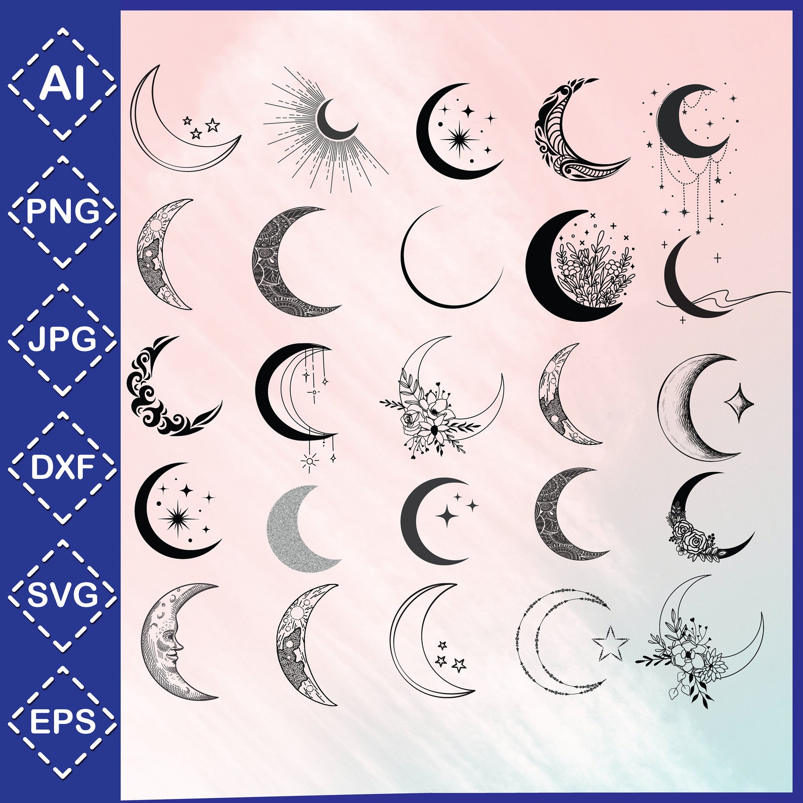 Moon Bundle Svg \ Moon Svg \ Moon Clipart \ Moon and Stars SVG \ Floral ...