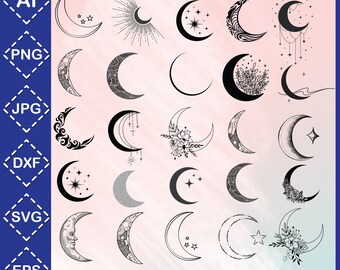 Moon SVG Bundle Floral Moon Svg Moon and Stars SVG Crescent Moon Svg ...
