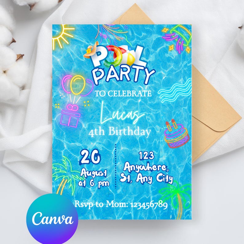 Editable Pool Party Invitation, Printable Summer Birthday Party Invite ...