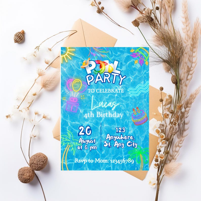Editable Pool Party Invitation, Printable Summer Birthday Party Invite ...