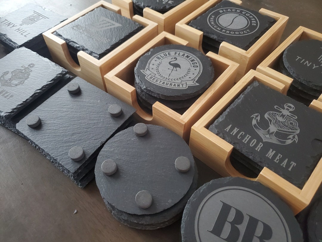 Set of 4 Custom Logo Slate Coasters With Bamboo Coaster Holder ...