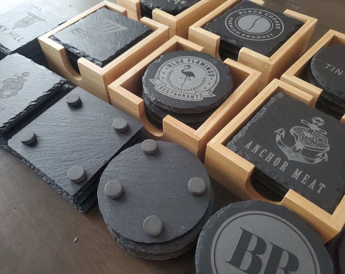 Set of 4 Custom Logo Slate Coasters With Bamboo Coaster Holder ...