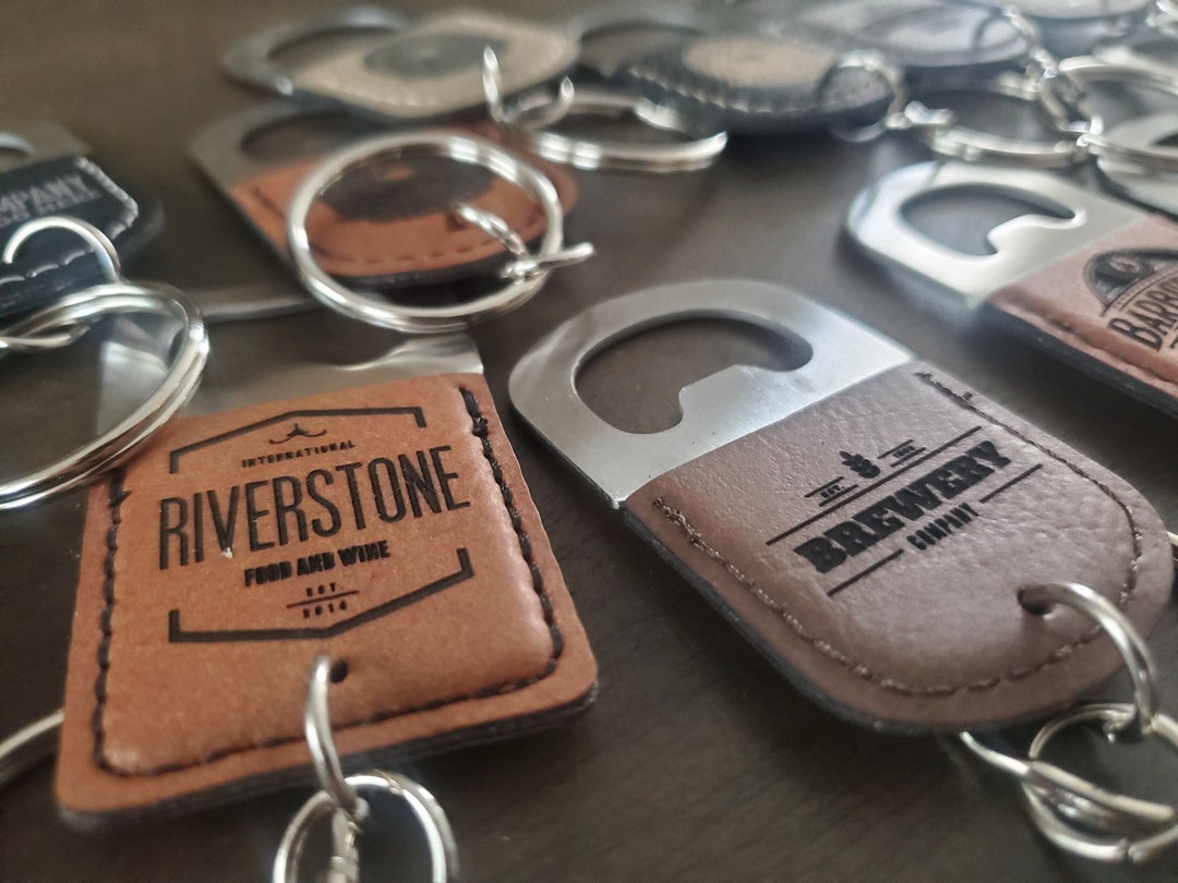 Custom Logo Leatherette Keychain Bottle Openers, Engraved / Etched Leatherette and Metal ...