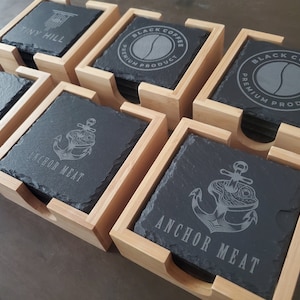 Set of 4 Custom Logo Slate Coasters With Bamboo Coaster Holder ...