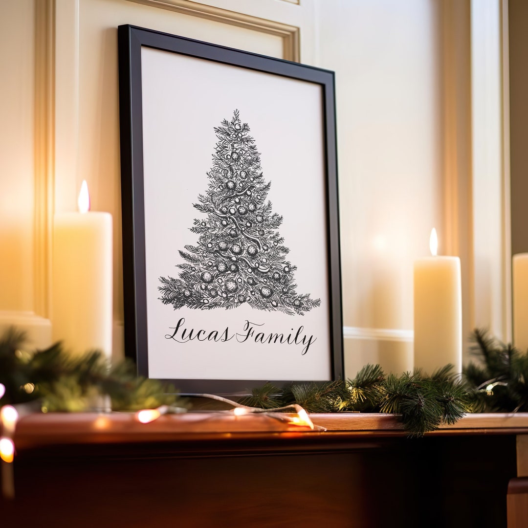 Personalized Christmas Tree Print | Pen & Ink Vintage Wall Art - Etsy