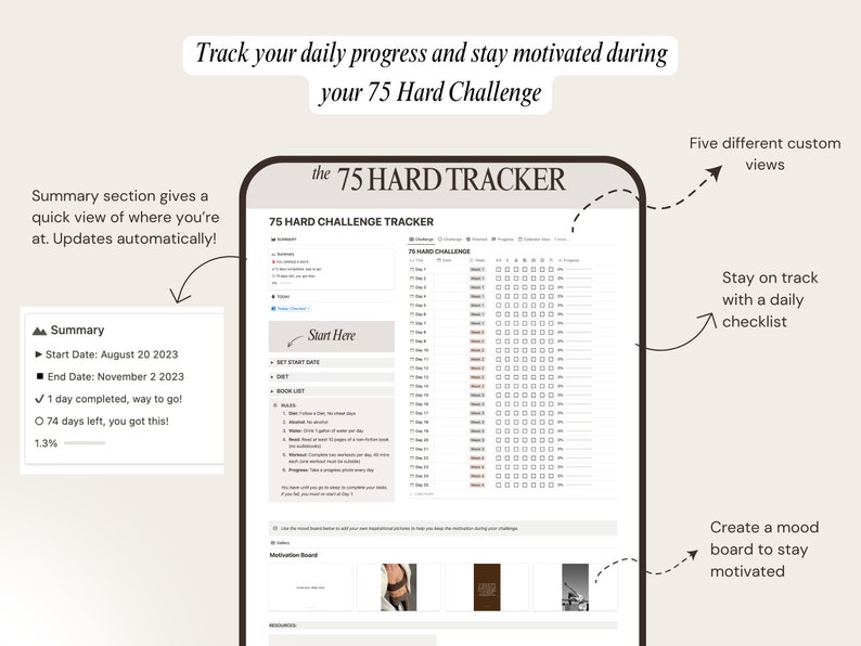 Notion 75 Hard Challenge Tracking Notion Dashboard Template Planner ...