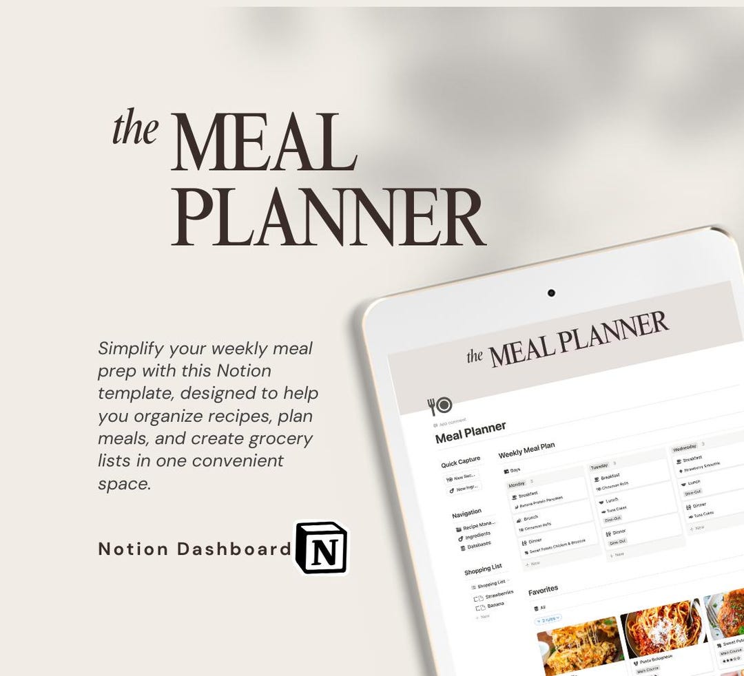 Notion Meal Planner Template | Weekly Meal Prep & Recipe Organizer - Etsy