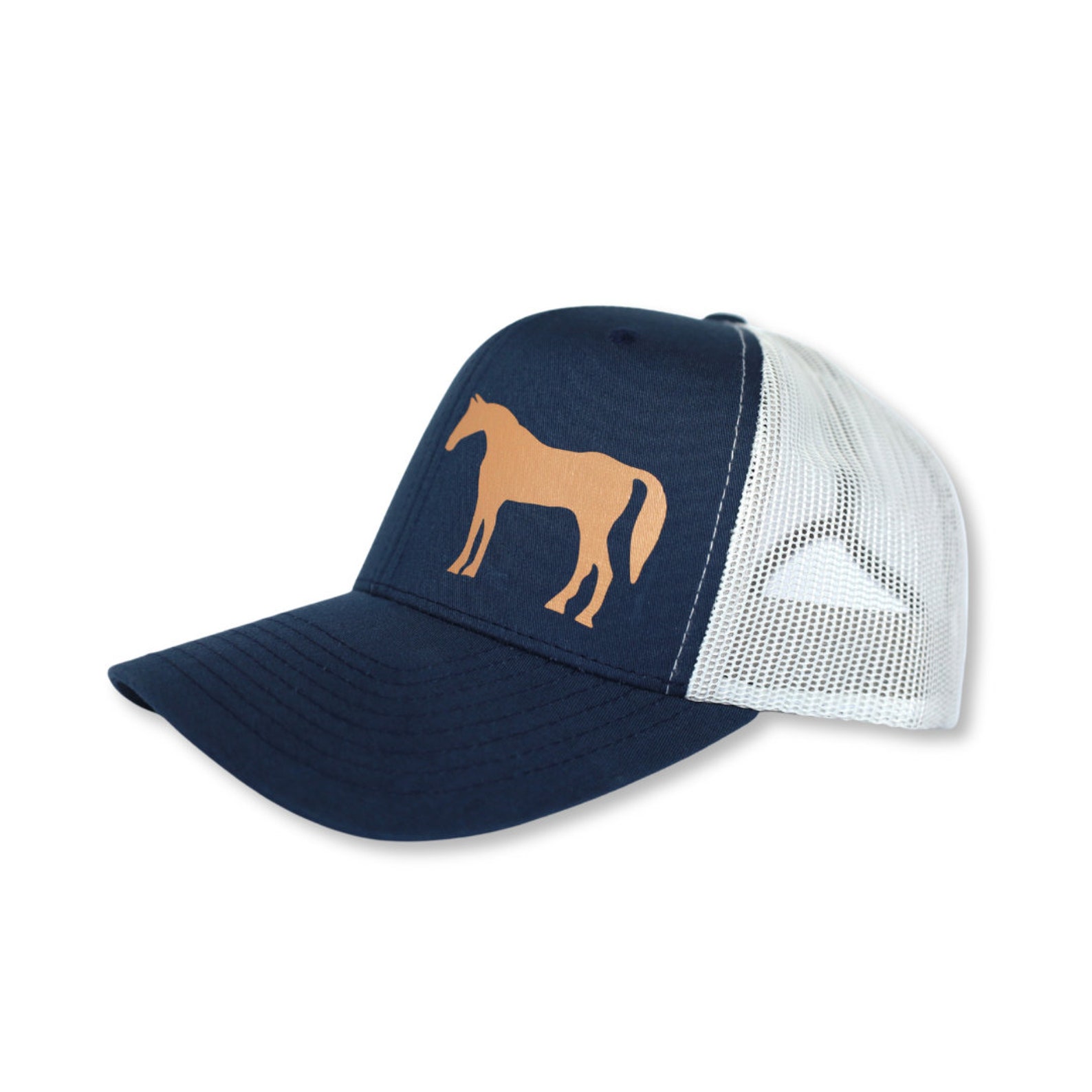 Horse Trucker Snapback Hat, Chestnut/navy/silver, Hand Drawn Design ...