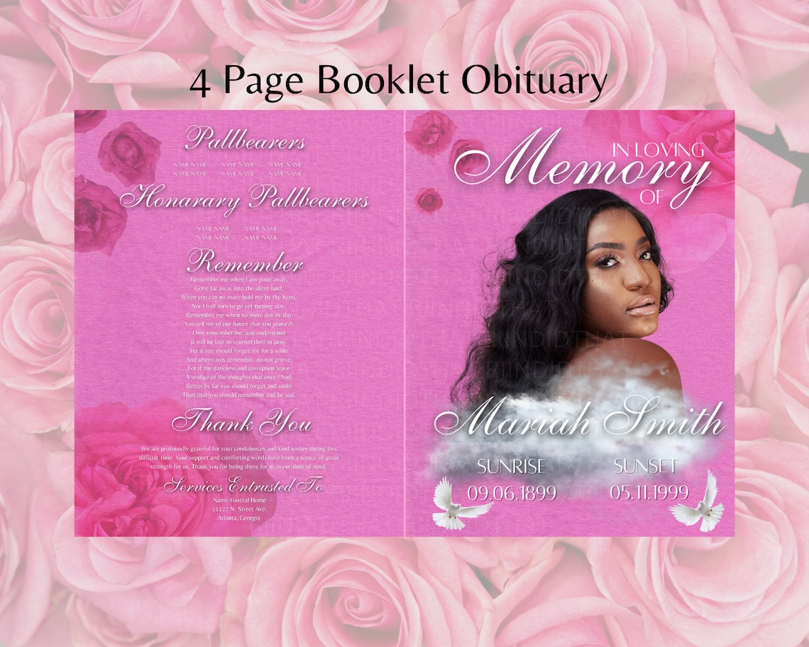 17"x11" Pink Rose Booklet Obituary Template| Pink Funeral Program ...