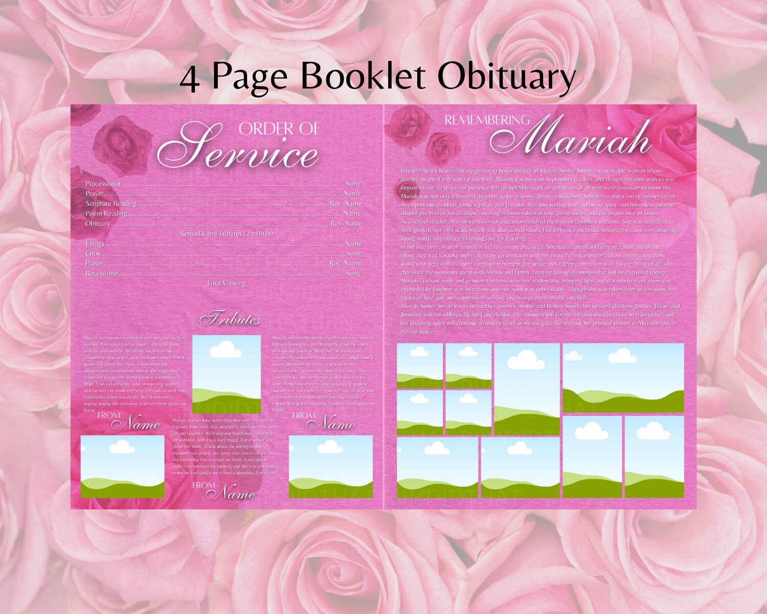 17"x11" Pink Rose Booklet Obituary Template| Pink Funeral Program ...