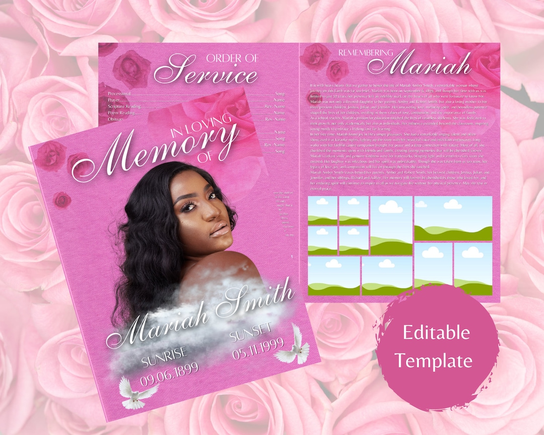 17"x11" Pink Rose Booklet Obituary Template| Pink Funeral Program ...