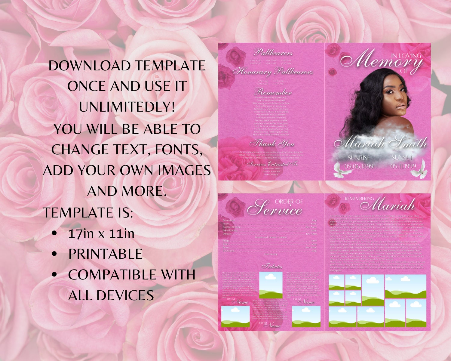 17"x11" Pink Rose Booklet Obituary Template| Pink Funeral Program ...