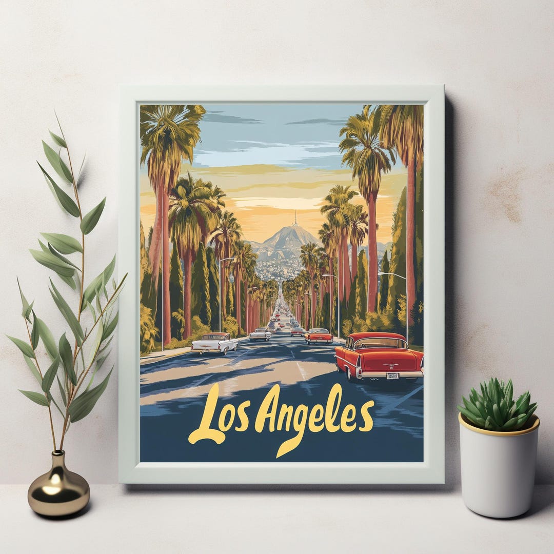 Vintage Los Angeles Street Scene With Palm Trees and Classic Cars Retro ...