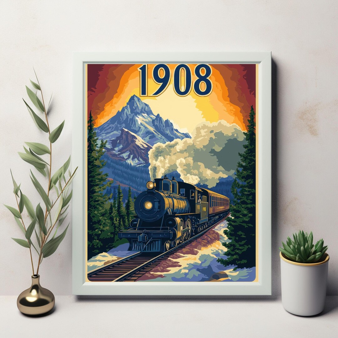 Vintage Steam Locomotive Adventure - 1908 Illustration of Train in ...