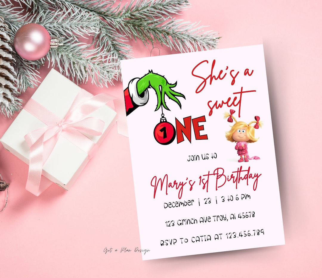 Girl Grinch 1st Birthday Invitation: Christmas Party (canva Template ...