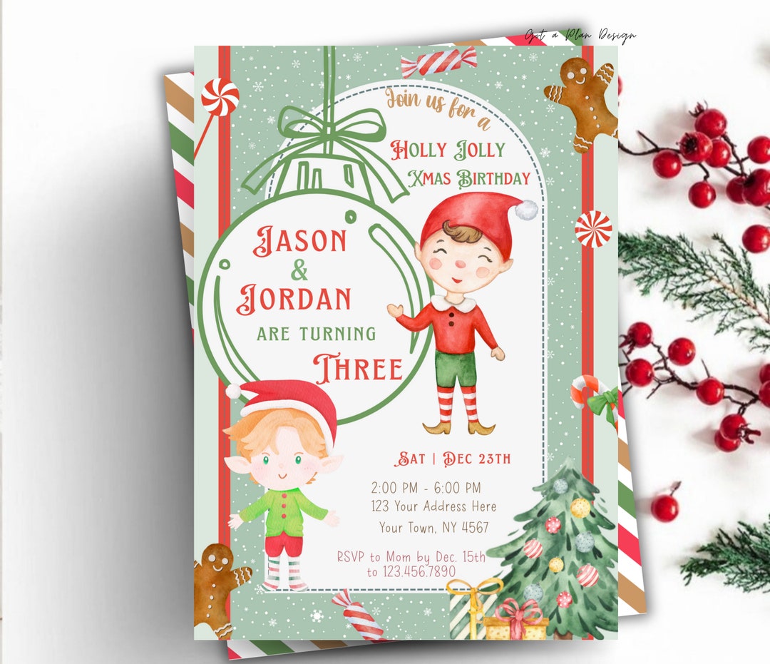 Editable Little Elves Twin Birthday Invitation: Christmas Theme (canva ...