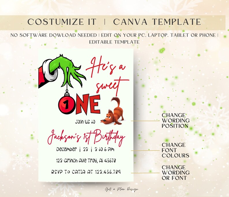 Grinch 1st Birthday Invitation: Sweet One, Christmas Party (canva ...