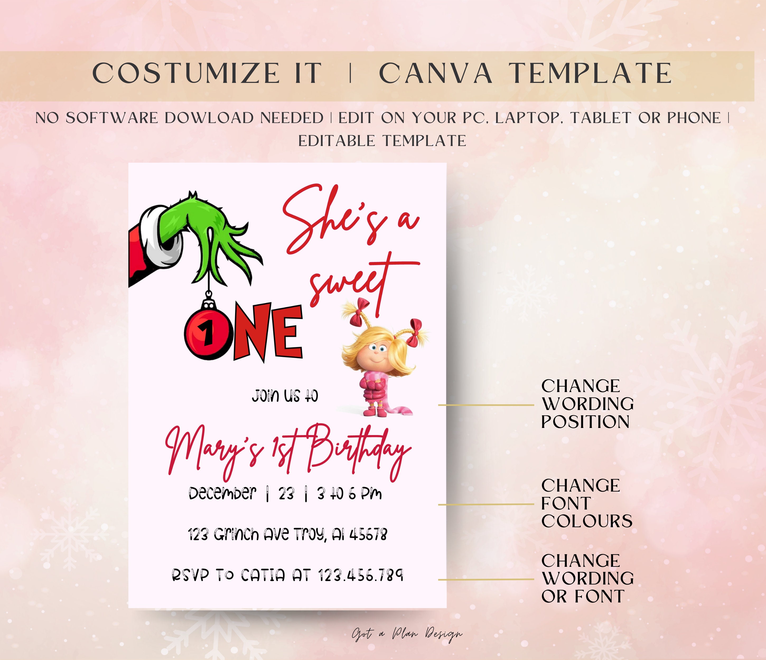 Girl Grinch 1st Birthday Invitation: Christmas Party (canva Template ...