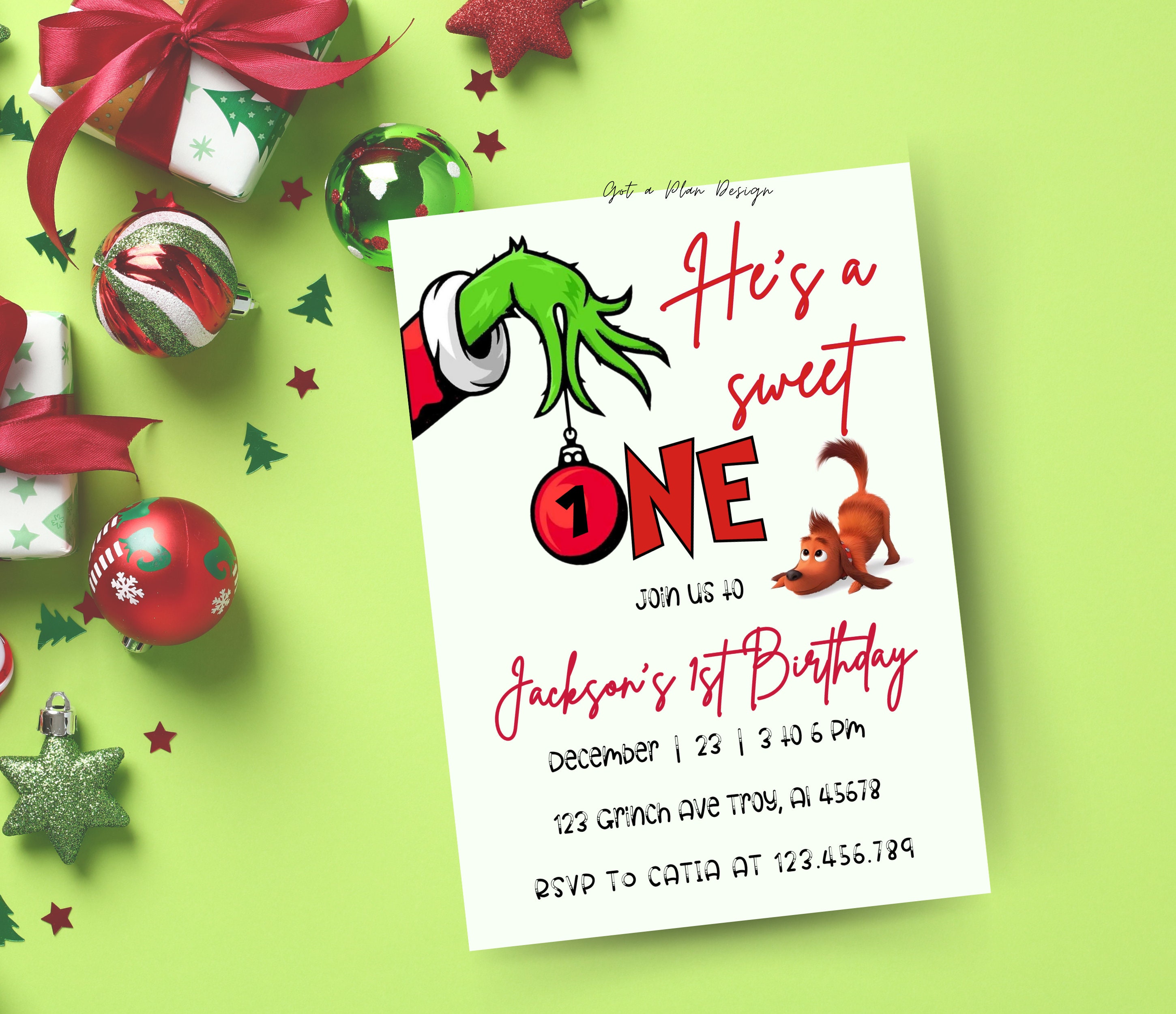 Grinch 1st Birthday Invitation: Sweet One, Christmas Party (canva ...