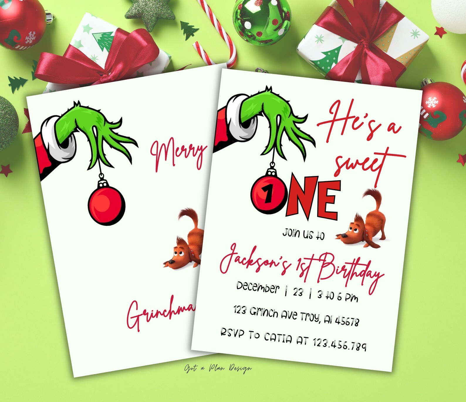 Grinch 1st Birthday Invitation: Sweet One, Christmas Party (canva ...