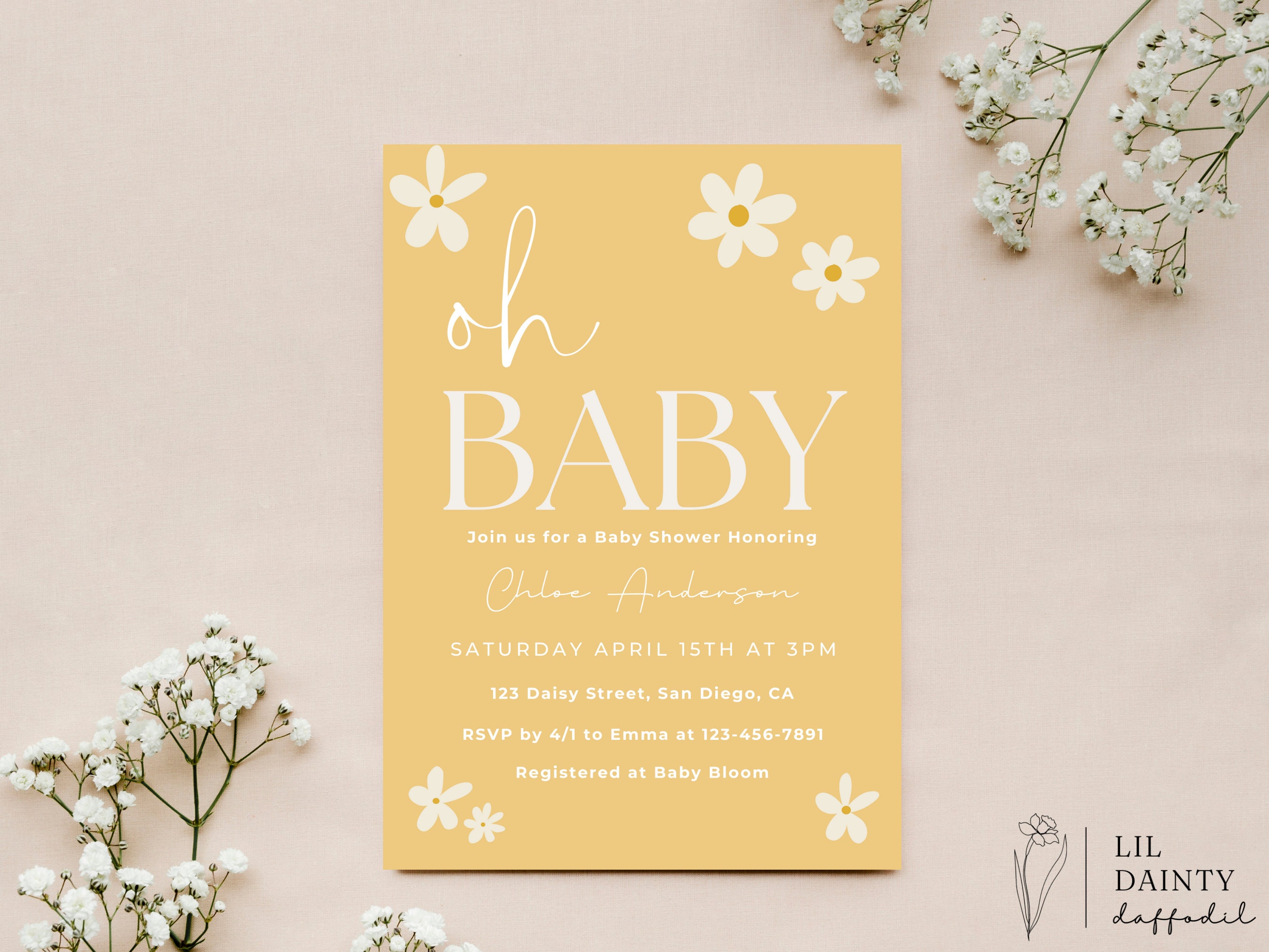 Daisy Baby Shower Invitation, Wildflower Invite Template, Oh Baby Card ...