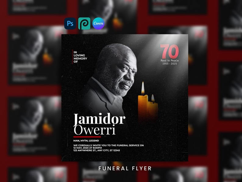 Editable Black Funeral Flyer Template With Candlelight Memorial Design ...