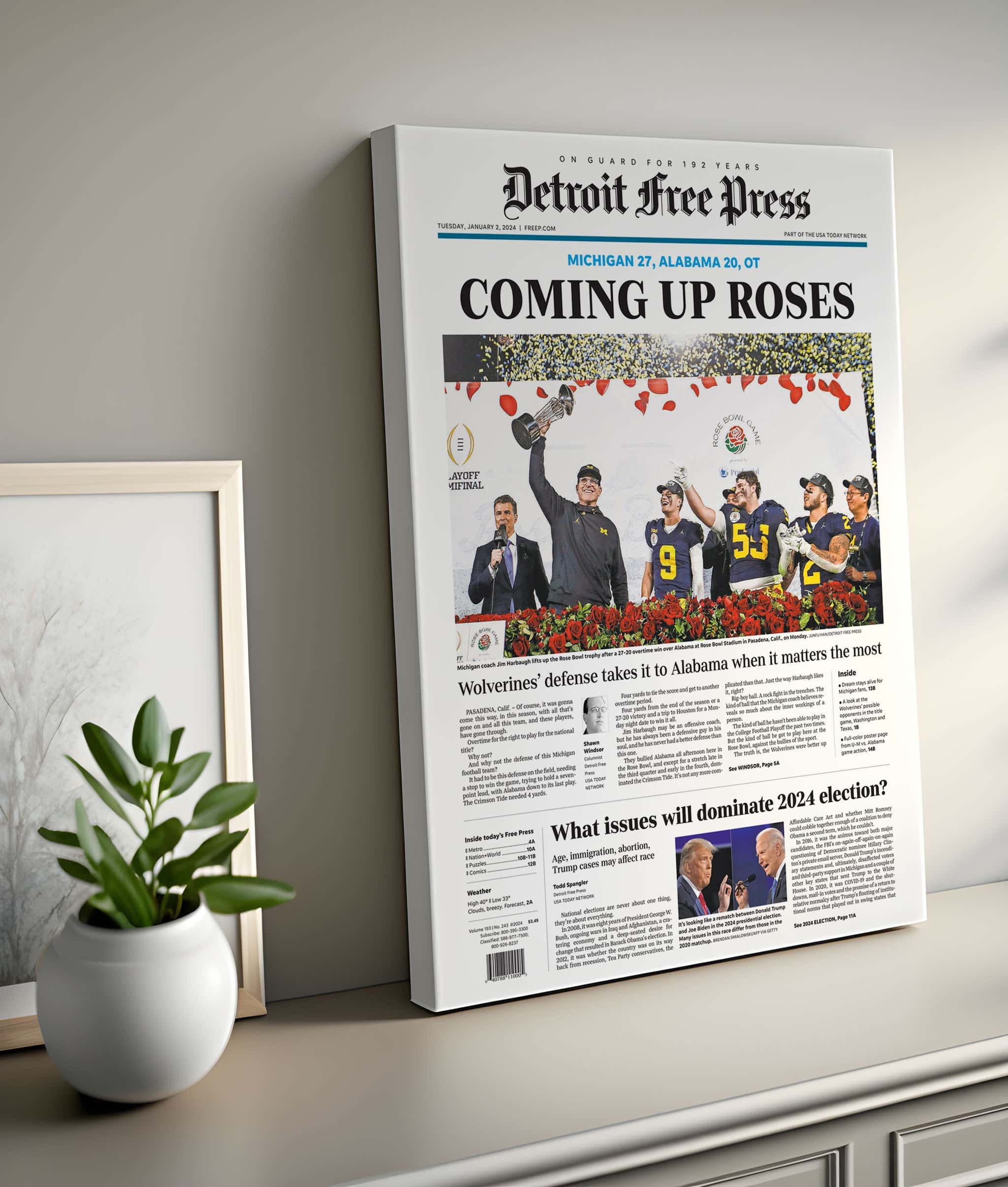 Michigan Coming up Roses Rose Bowl Champs Front Page Wall Art - Etsy