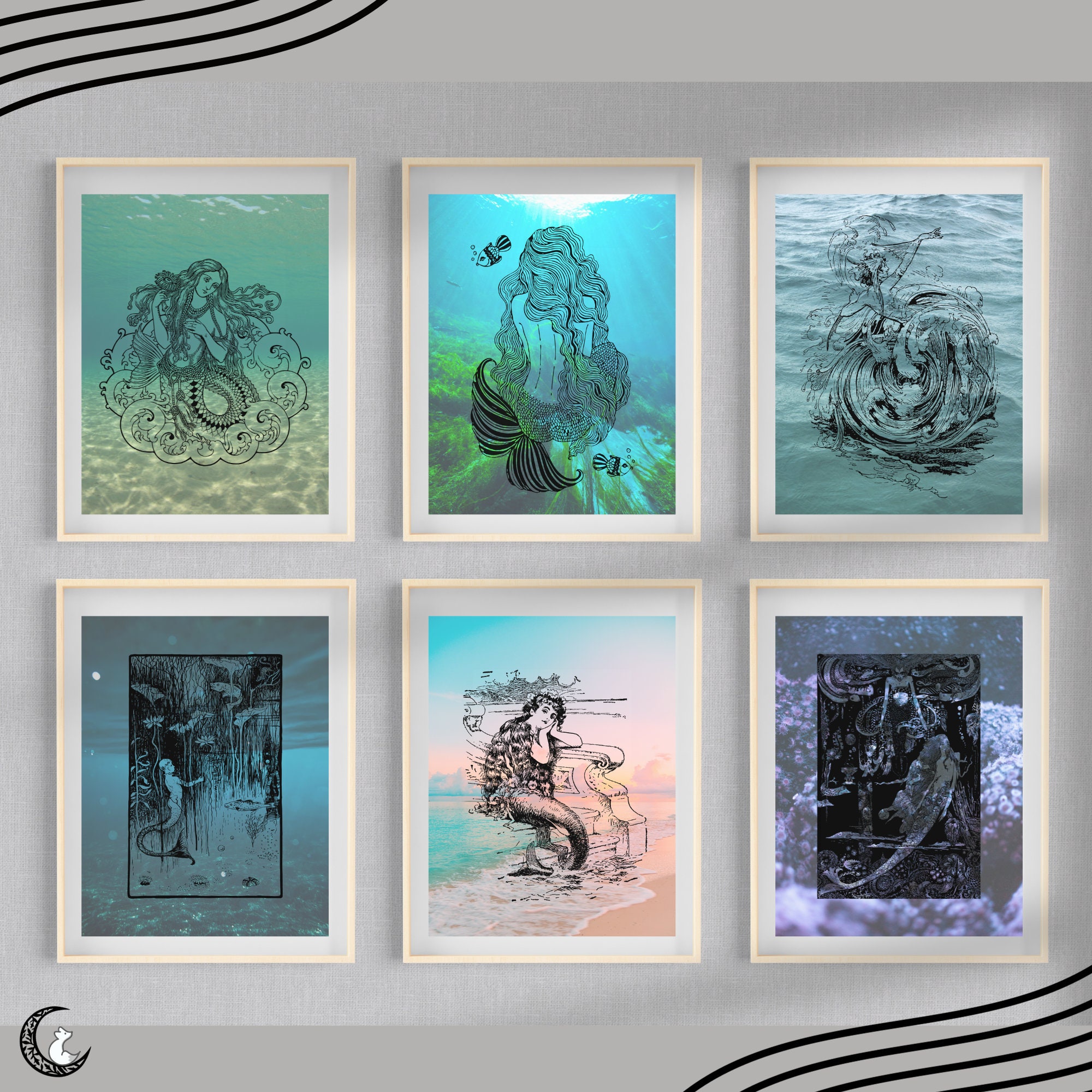 Nautical Mermaid Digital Prints Set of 8 Instant Download Beach House ...