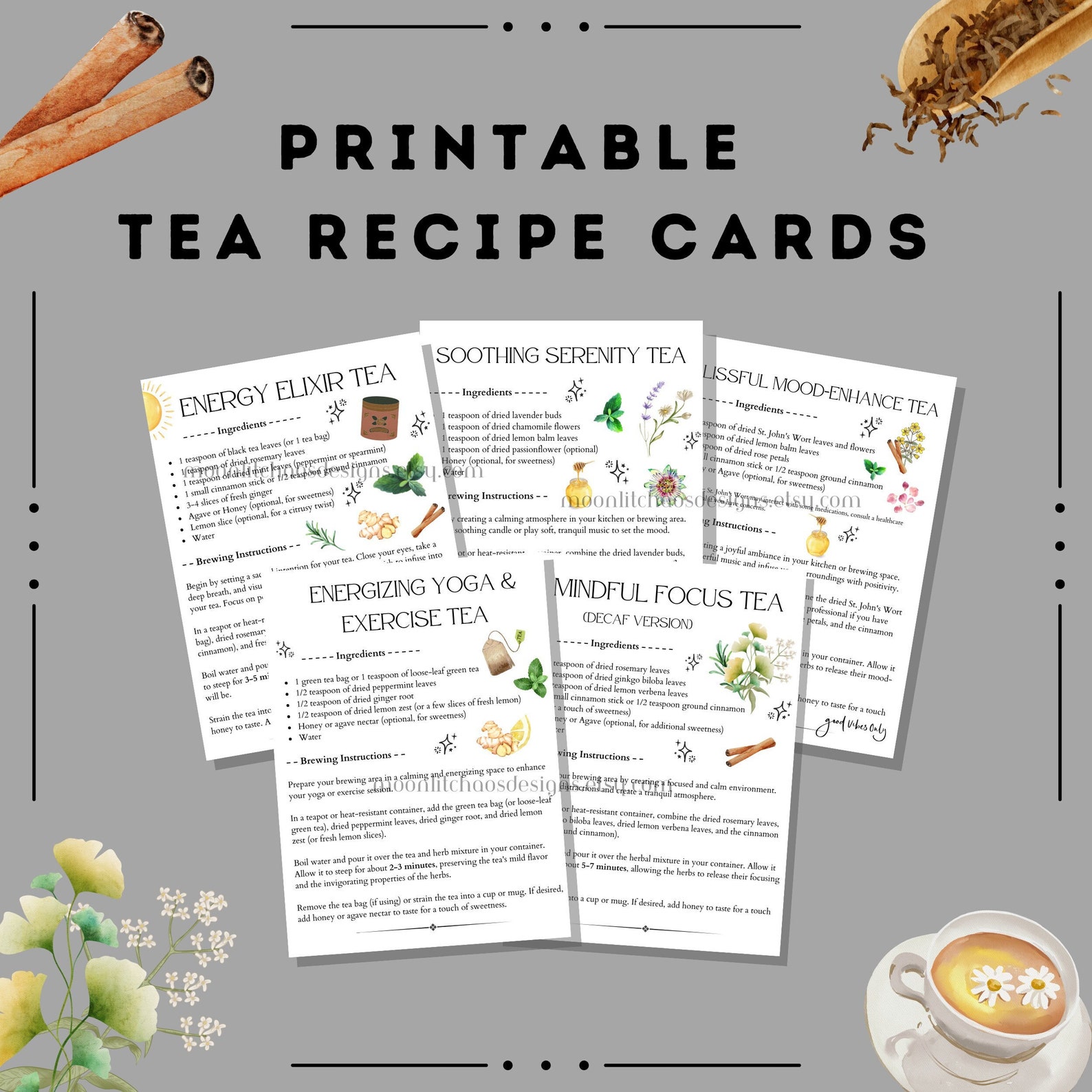 Printable Tea Recipe Cards - 10 Tea Recipe Pages With 10 Informative ...