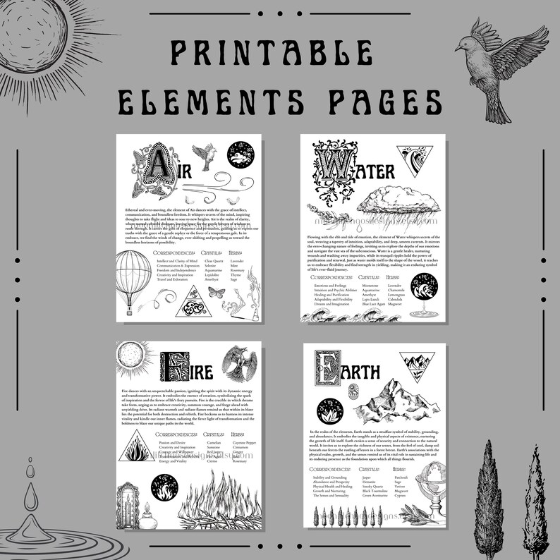 Printable Element Pages - 4 Informative Element Grimoire Pages, Magical ...