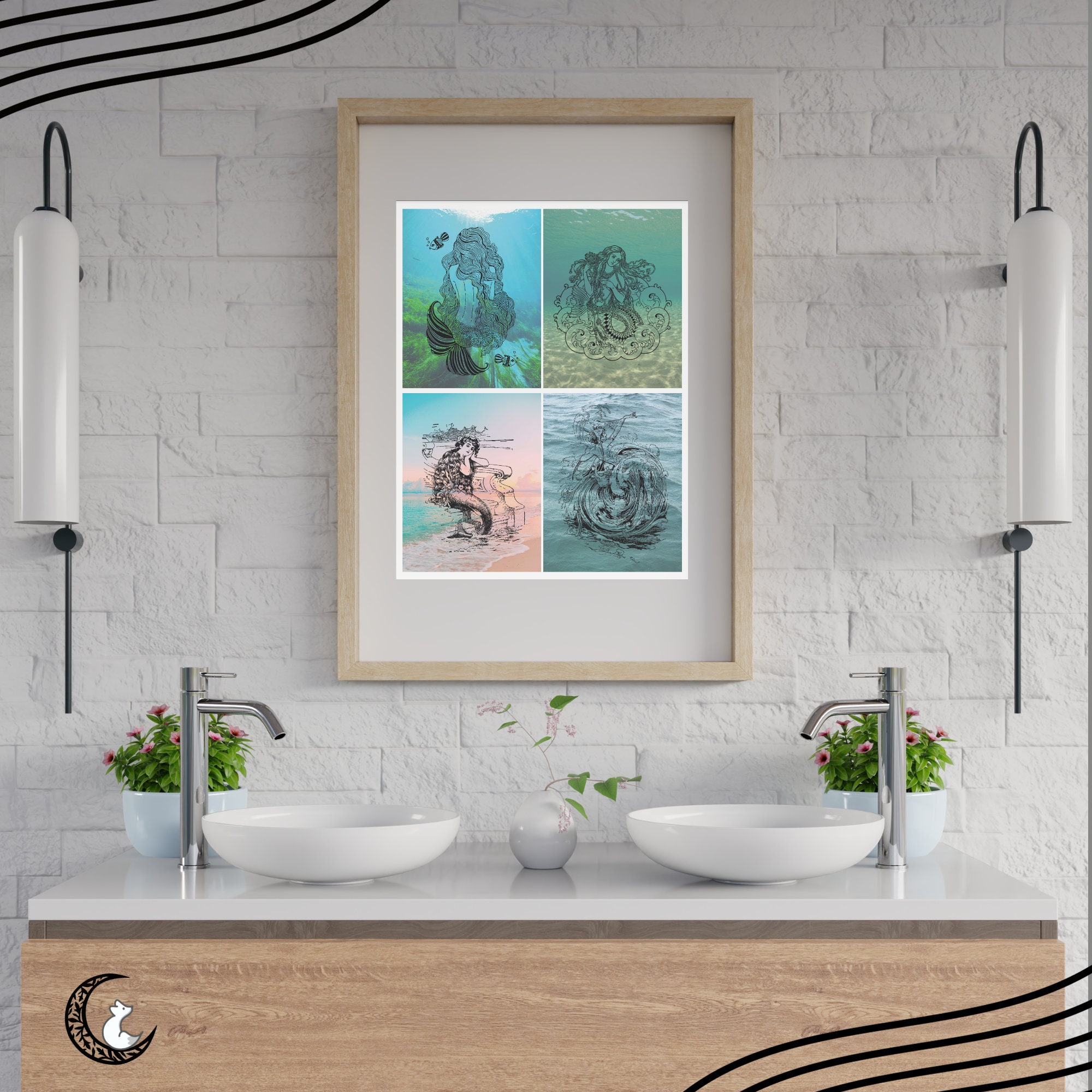 Nautical Mermaid Digital Prints Set of 8 Instant Download Beach House ...