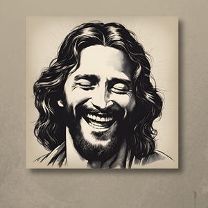 Joyful Jesus Laughing Wall Art Linocut Style | Inspirational Christian ...