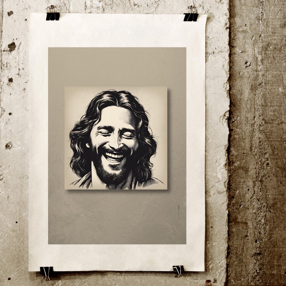 Joyful Jesus Laughing Wall Art Linocut Style | Inspirational Christian ...