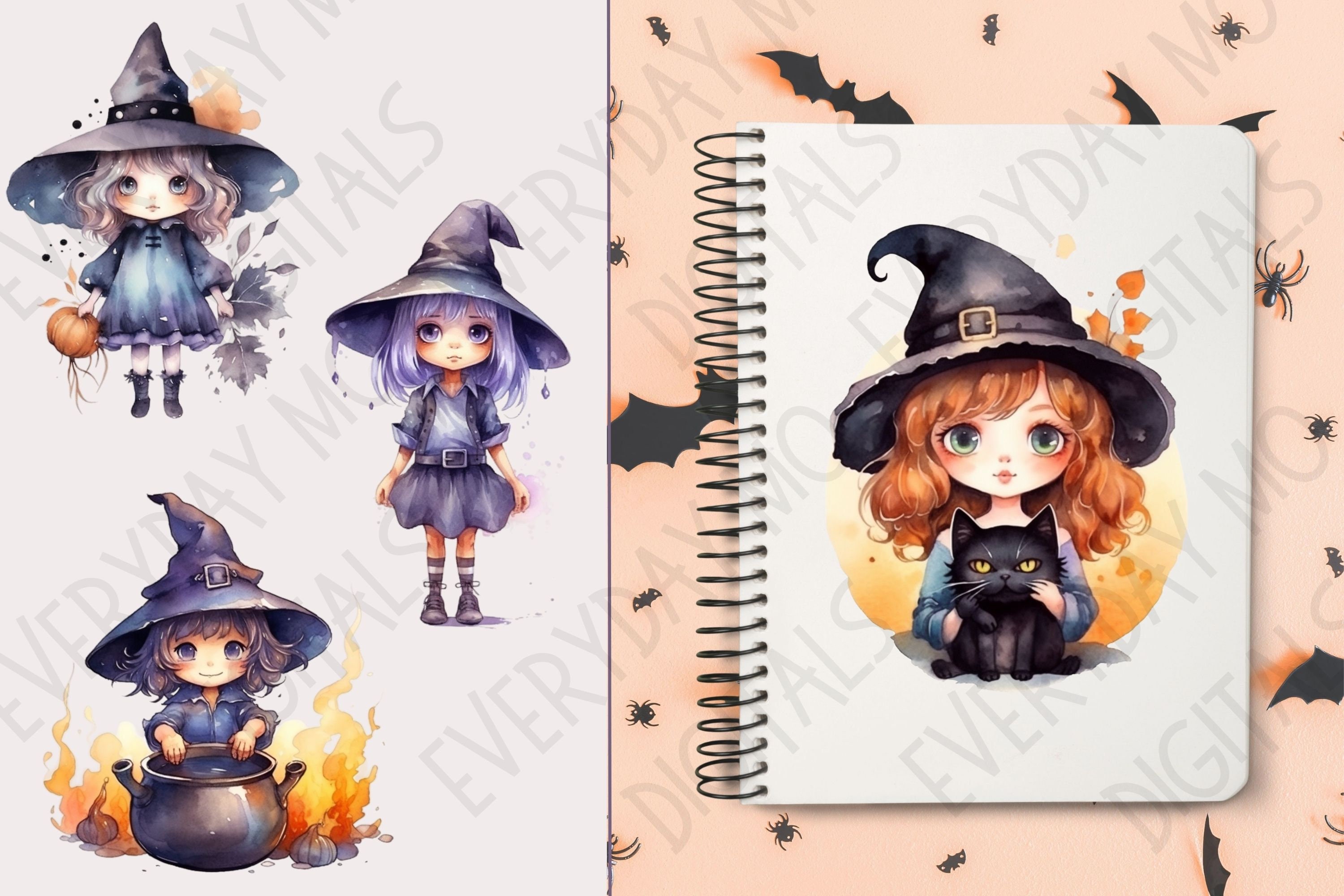 Watercolor Halloween Witch Clipart, Transparent Background Digital ...