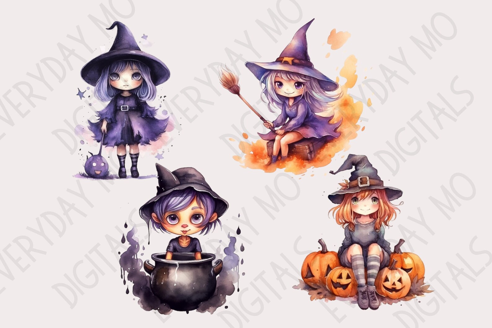 Watercolor Halloween Witch Clipart, Transparent Background Digital ...