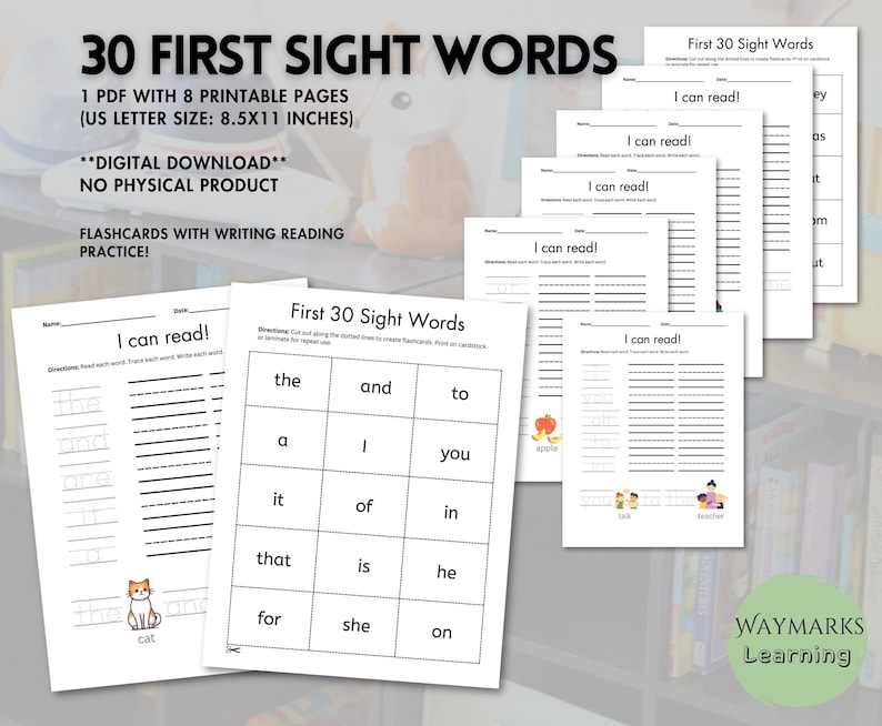 30 First Sight Words Bundle (kindergarten to First Grade) Printable ...