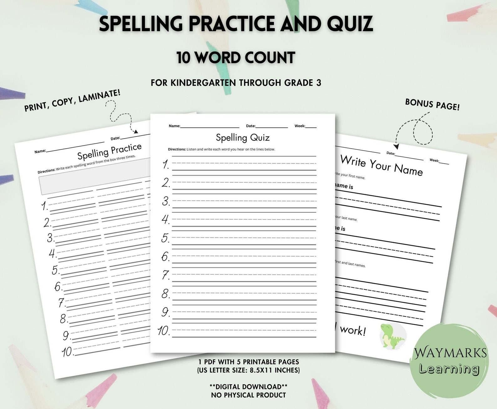 Spelling Practice and Quiz for 10 Words (kindergarten to Third Grade ...