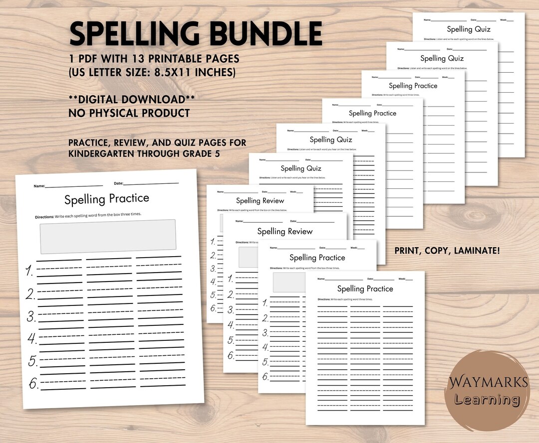 Spelling Practice, Review, and Quiz Bundle (kindergarten to Second ...