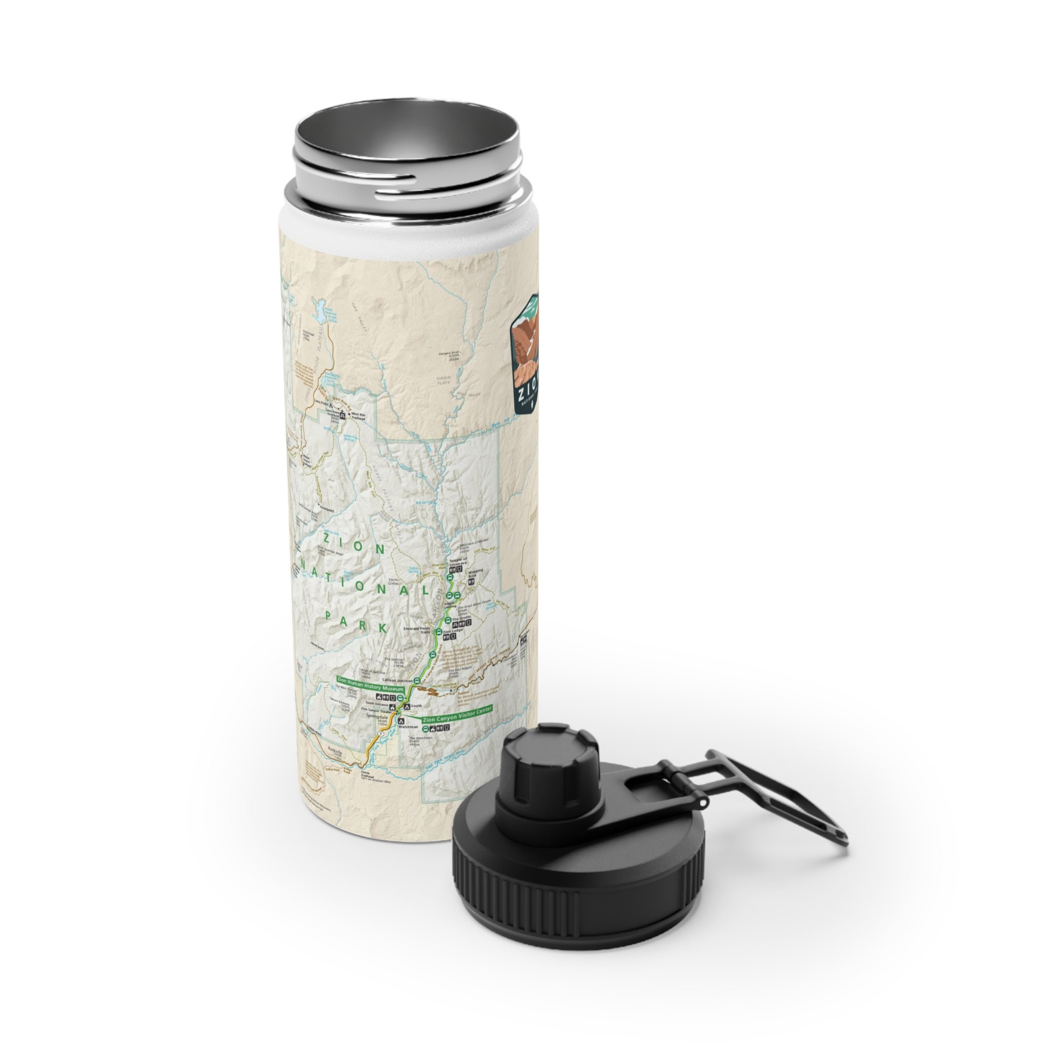 Zion National Park Map Stainless Steel Water Bottle Sports Lid sold by ...