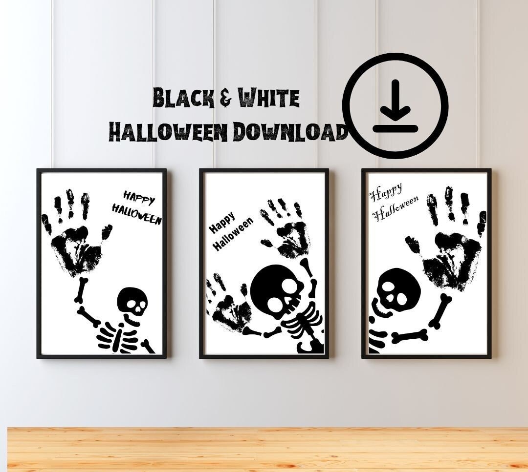Black & White Halloween Handprint Art Bundle Skeleton, Preschool ...