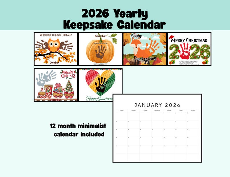 Yearly Keepsake Handprint Calendar Printable Calendar 2026, Instant ...