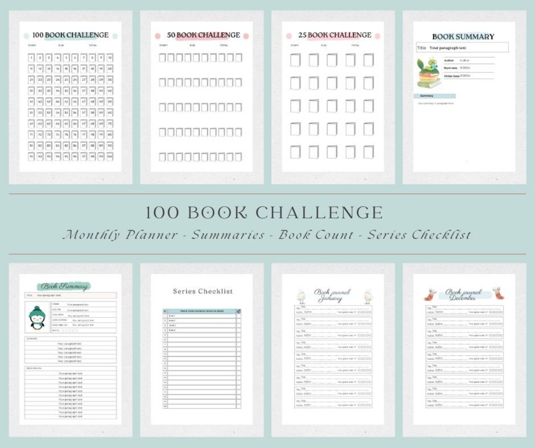 100 Book Challenge Bundle Printable, 2024,printable Reading Challenge Planner,book Review Log ...