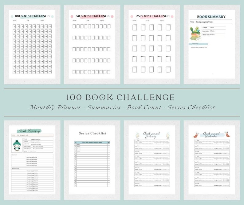 100 Book Challenge Bundle Printable, 2024,printable Reading Challenge ...
