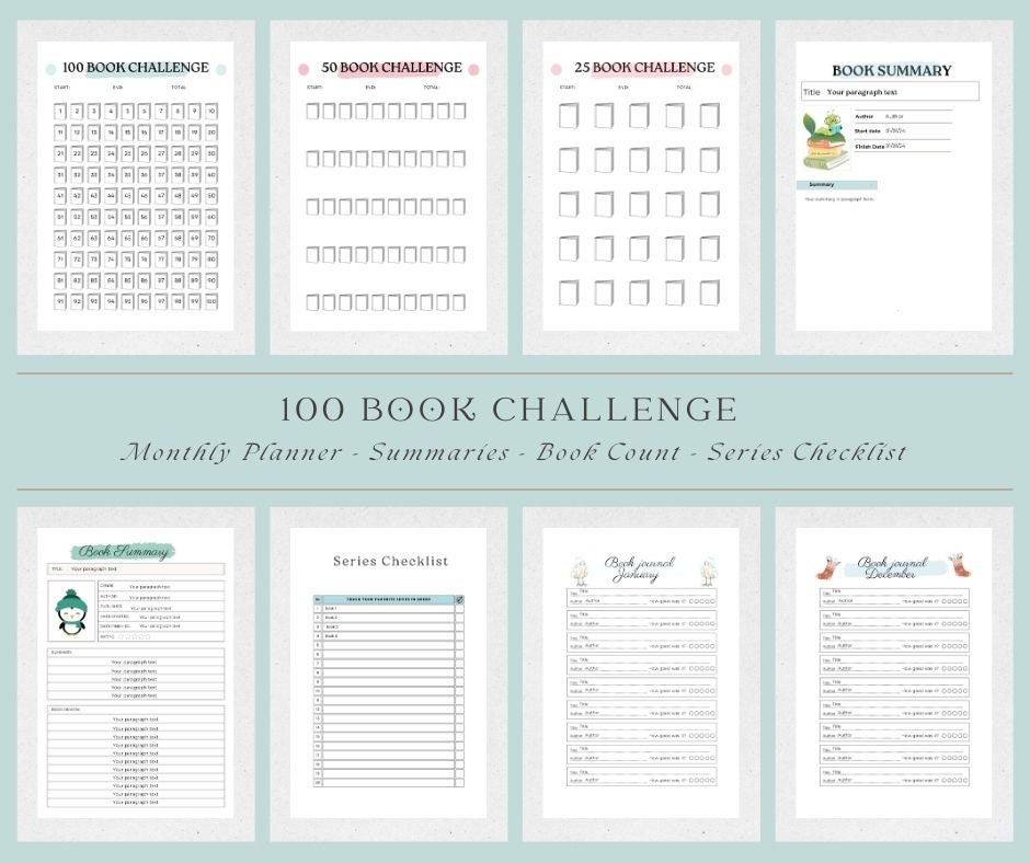100 Book Challenge Bundle Printable, 2024,printable Reading Challenge ...