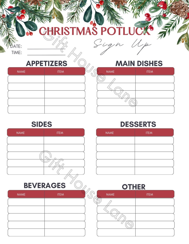 Christmas Potluck Sign up Sheet, Work Signup Printable Sheet, Holiday ...