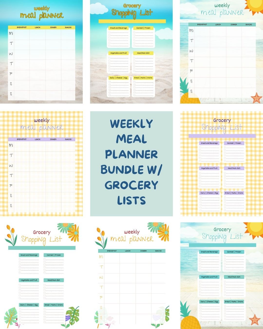 Printable Weekly Dinner Menu Planner, Summer Theme Beach Garden ...