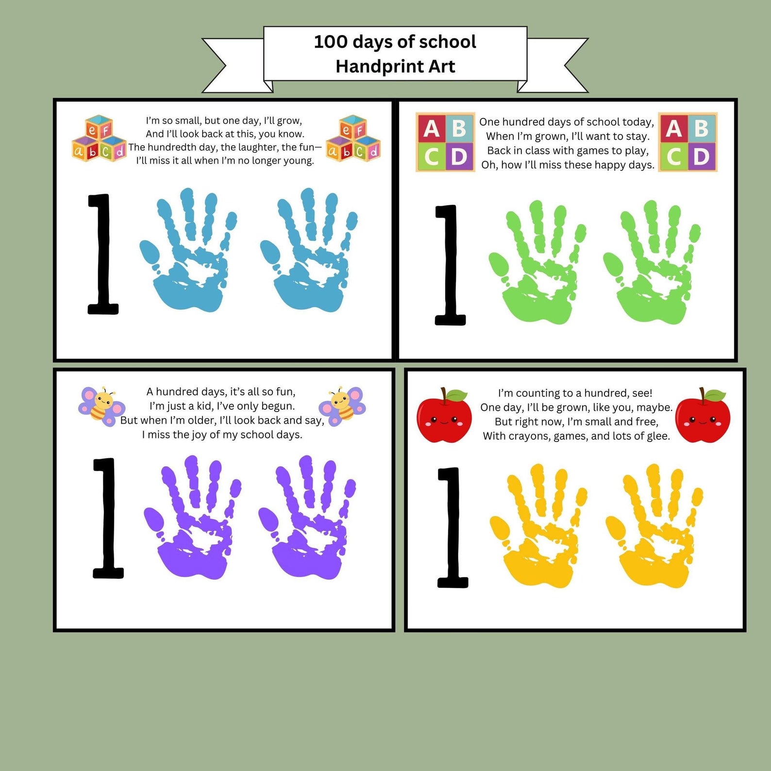 100 Days of School Handprint Art, Printable Handprint Craft Art Poem ...