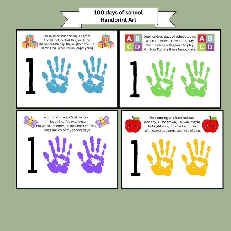 100 Days of School Handprint Art, Printable Handprint Craft Art Poem ...