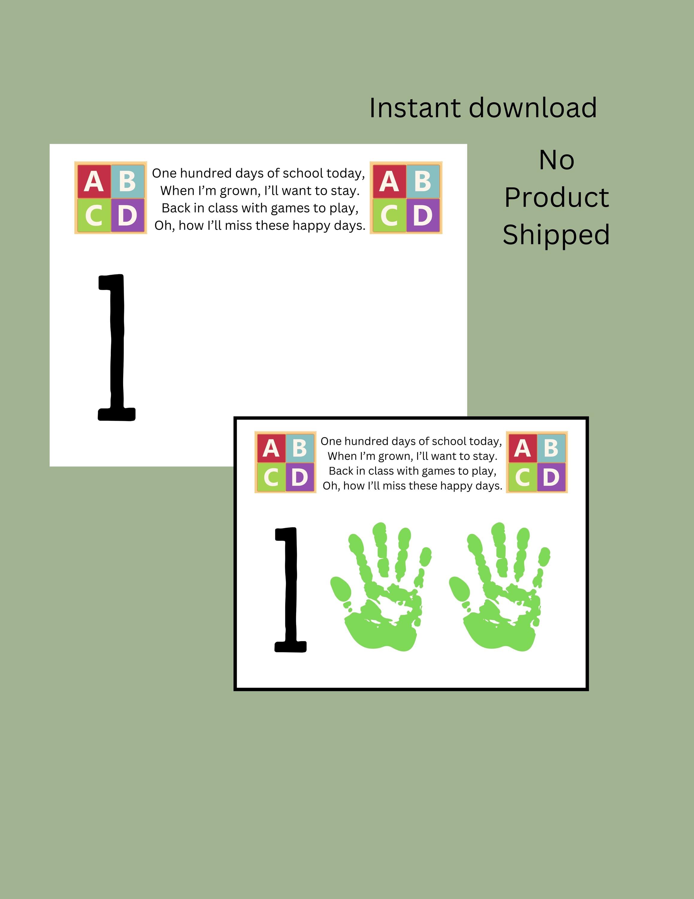 100 Days of School Handprint Art, Printable Handprint Craft Art Poem ...